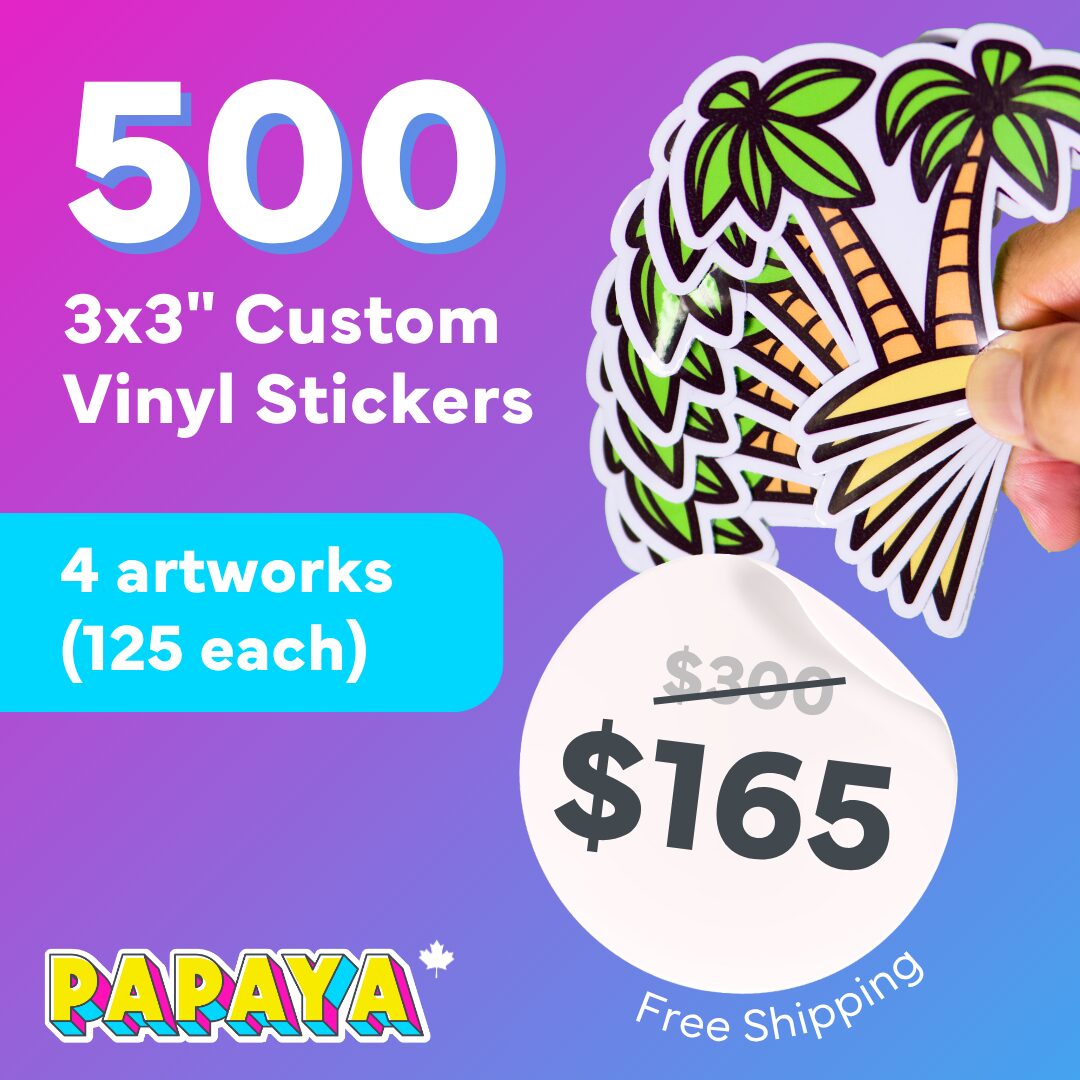 500 Stickers | 3″ X 3″ Custom Vinyl Stickers | Up to 4 Designs